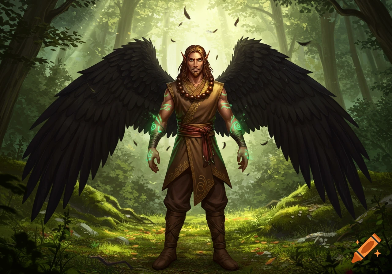 A half-elf monk druid with long brown hair, black feathered wings, and ...
