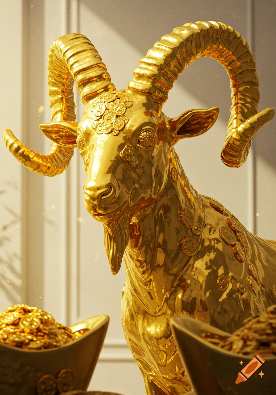 A majestic golden goat statue adorned with gold coins, with two large ...