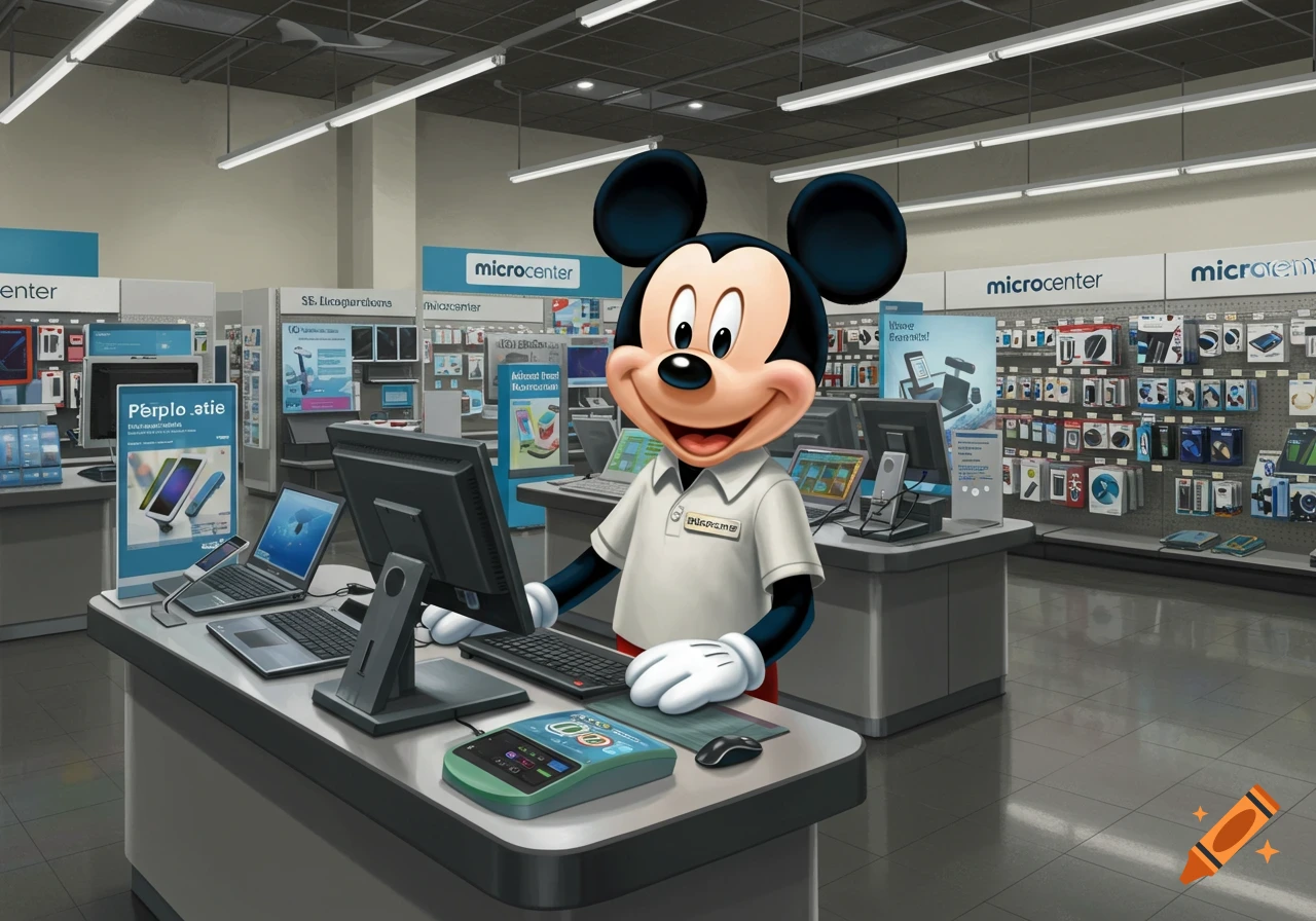 Mickey Mouse, wearing a white shirt with a name tag, works behind a ...