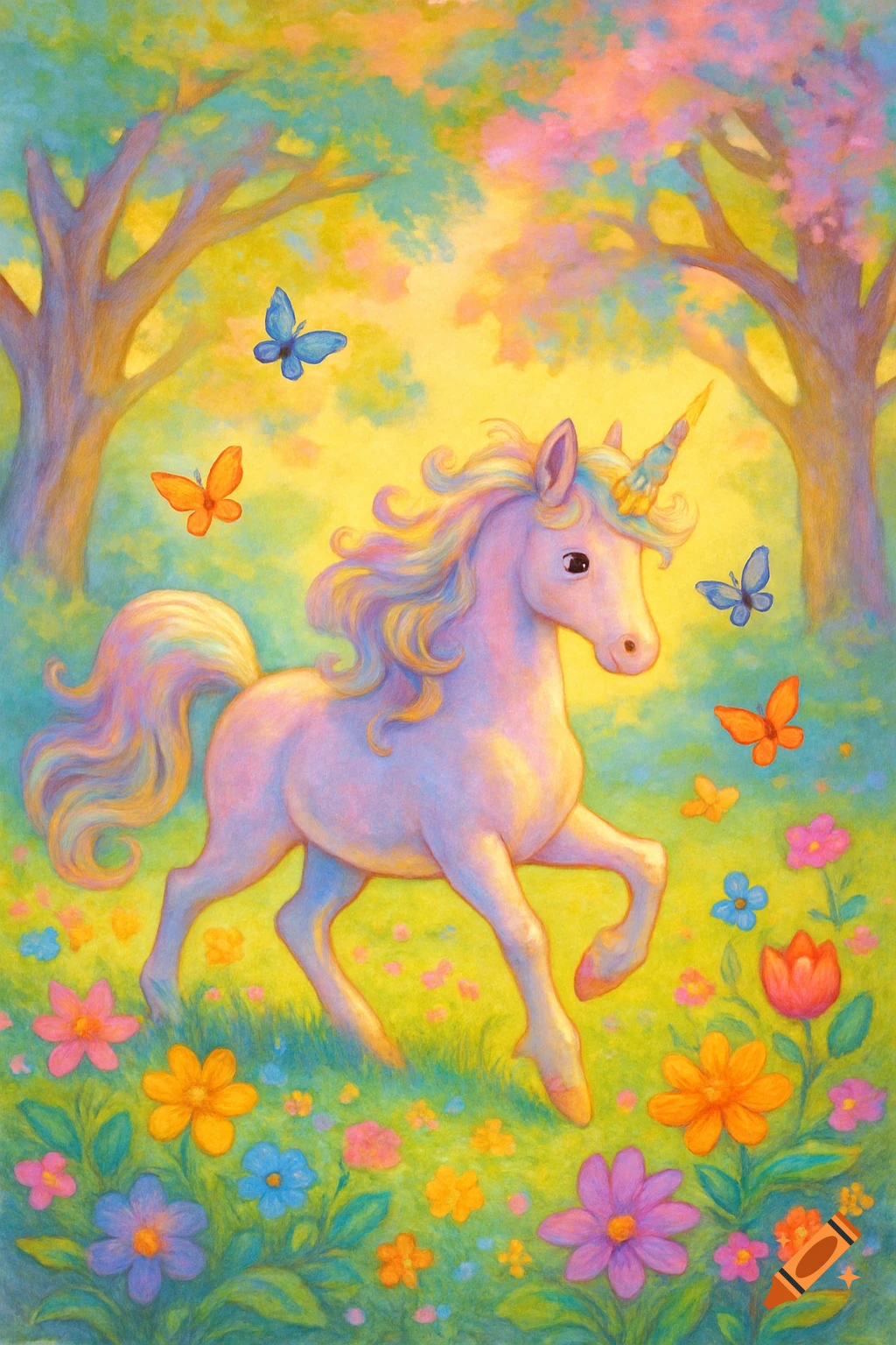 A whimsical, light yellow unicorn with a colorful rainbow mane and tail ...