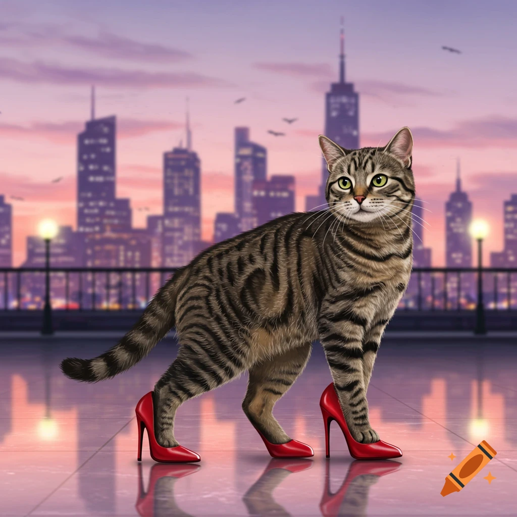A tabby cat in red high heels stands on a reflective surface against a ...