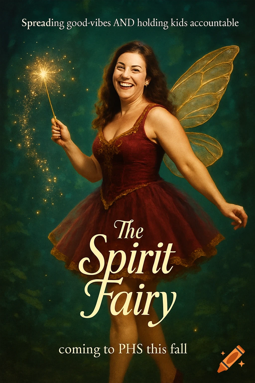 A smiling woman in a red fairy dress with gold wings holds a sparkling ...