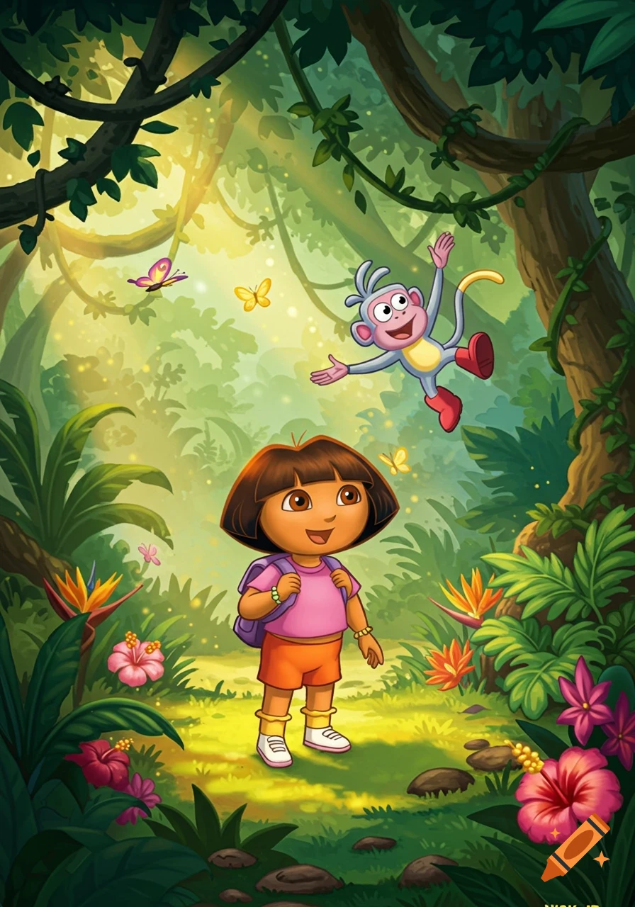 Dora the Explorer and Boots the monkey cheerfully run through a lush ...