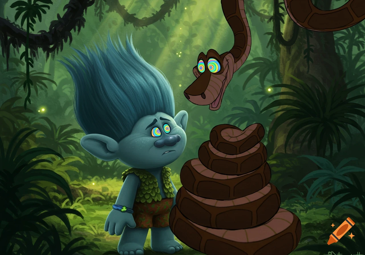 Branch from Trolls with swirling eyes, looking hypnotized by Kaa the ...
