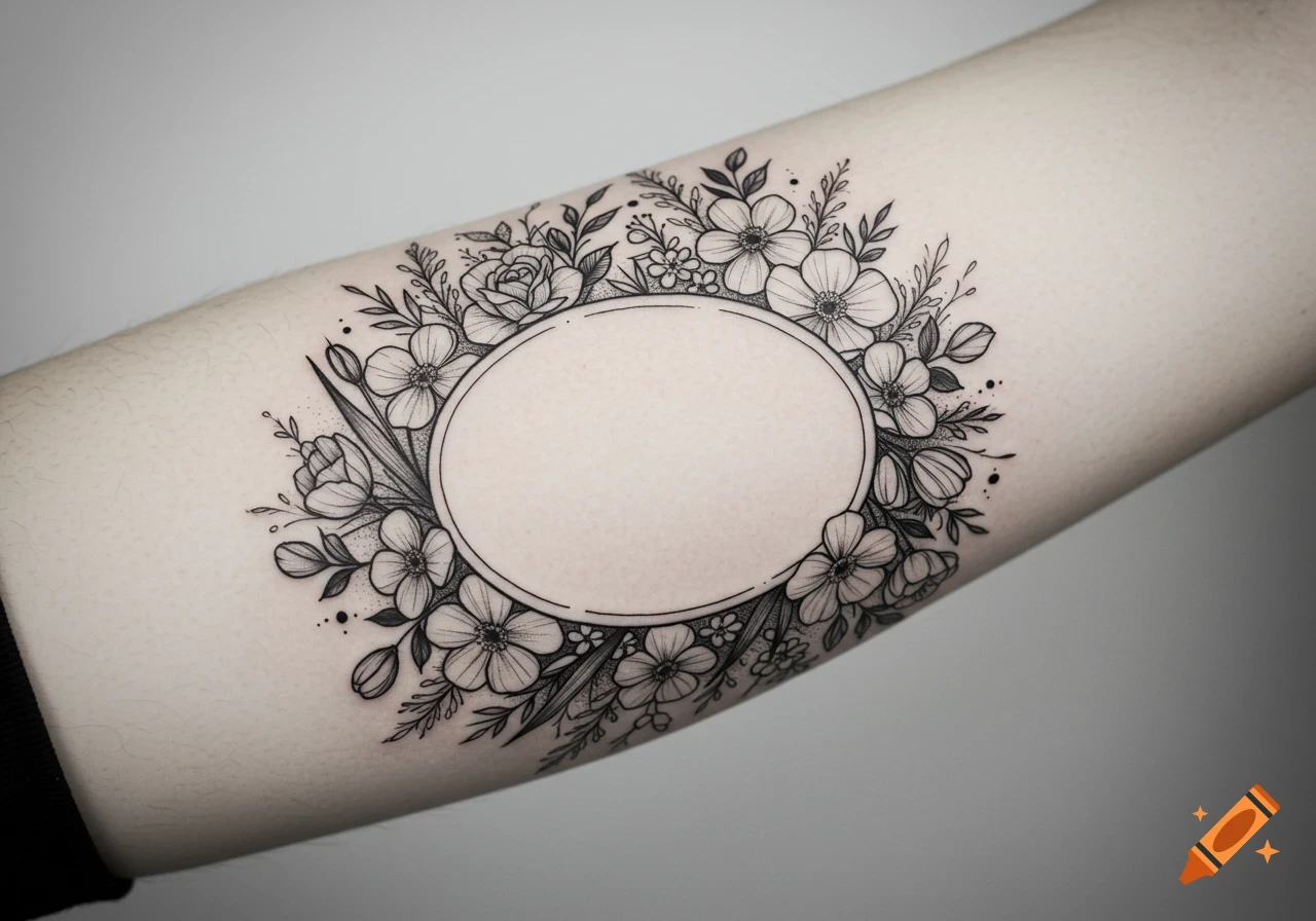 A black and grey floral tattoo design on a forearm, featuring an oval frame surrounded by ...