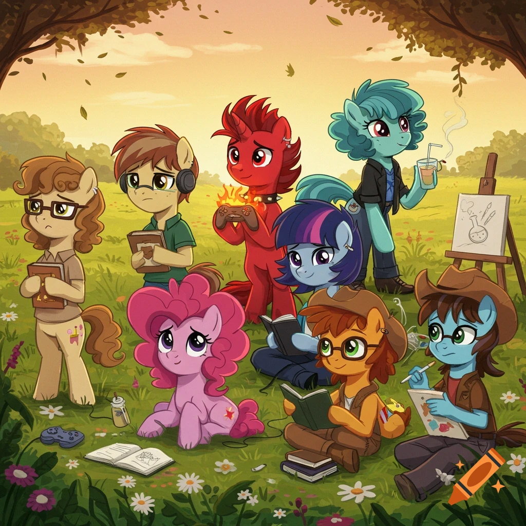 Group of eight My Little Pony characters, some humanized, relaxing in a ...