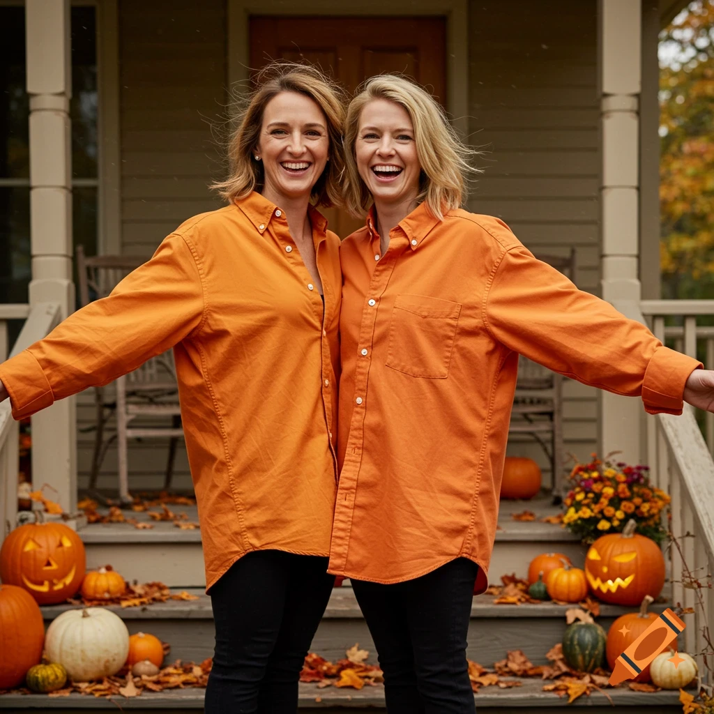 Two smiling women in orange shirts stand on a porch decorated with ...