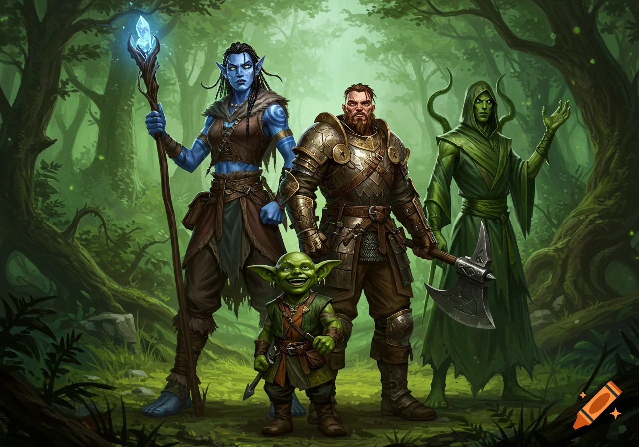 Four diverse fantasy adventurers, including a blue elf witch, an ...