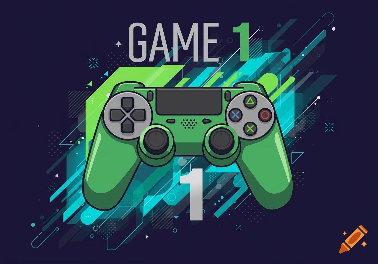 A green video game controller on a dark blue background with abstract ...