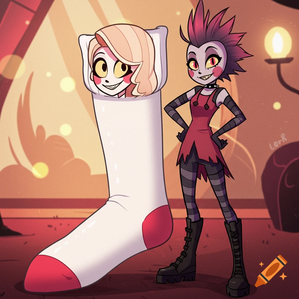 Vox from Hazbin Hotel, with red glowing eyes and a sharp-toothed grin ...