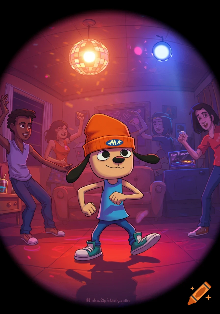 PaRappa the Rapper dances at a house party with friends, seen through a ...