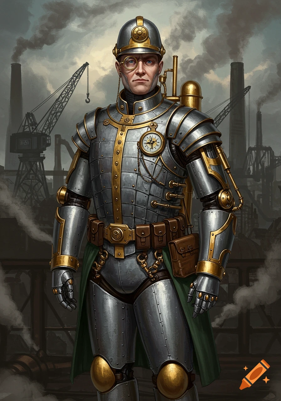 A man in ornate silver and gold steampunk armor stands in front of a ...