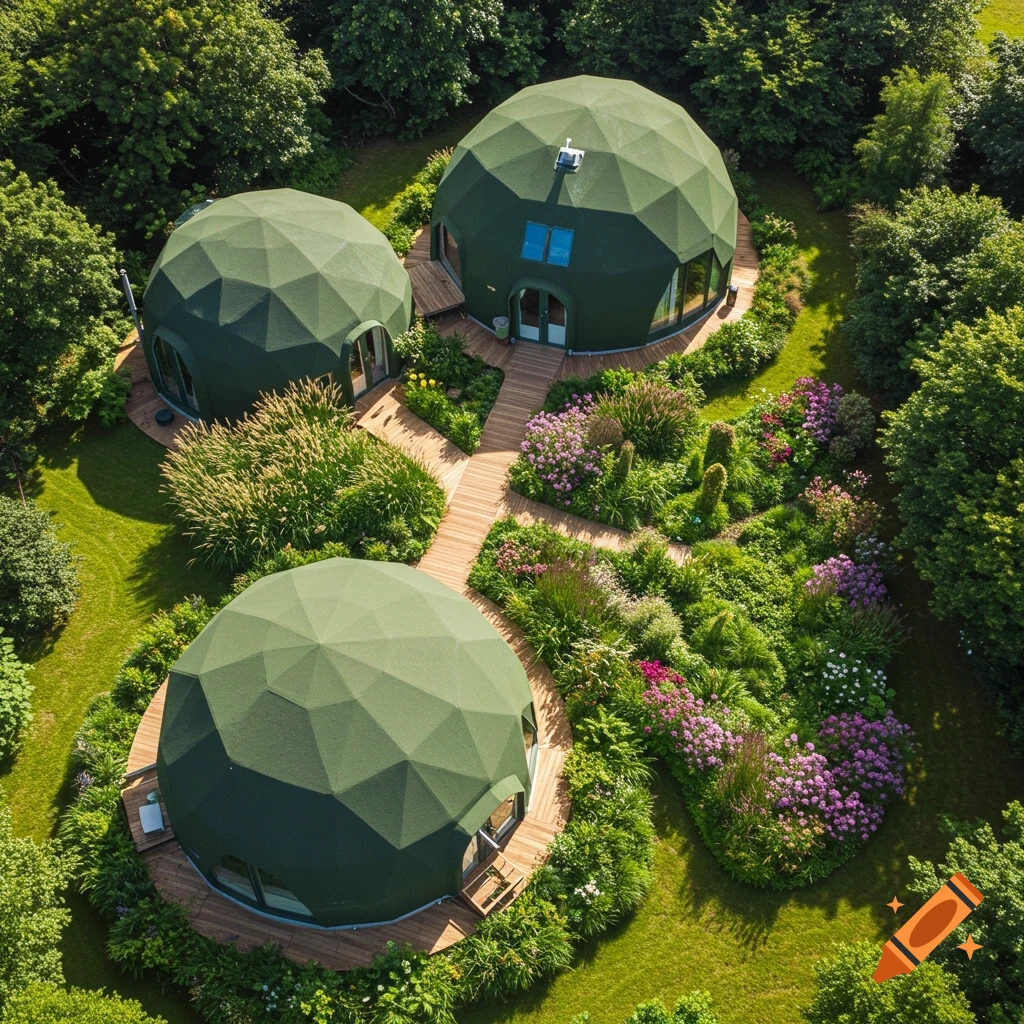 Aerial view of three green dome homes connected by wooden pathways in a lush garden with ...