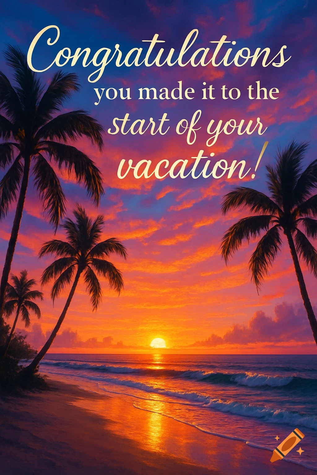 A vibrant beach sunset with palm trees and the text 'Congratulations ...