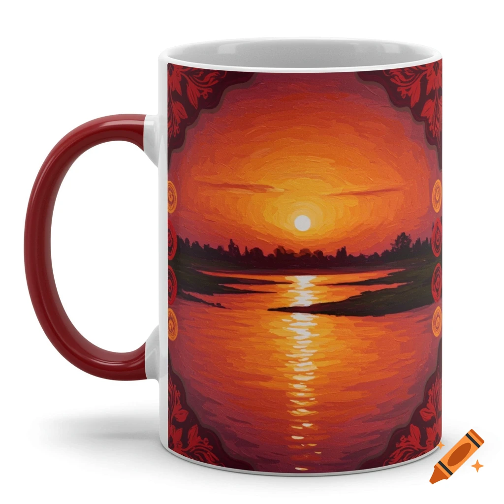 White mug with red handle, featuring a vibrant painting of a sunset ...