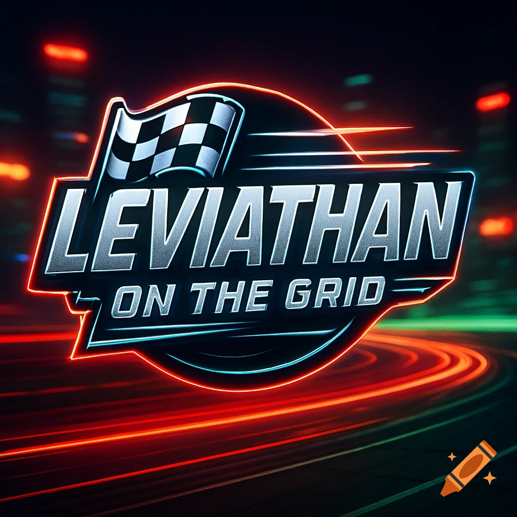 A futuristic racing logo with metallic text LEVIATHAN ON THE GRID, a checkered flag, and neon ...