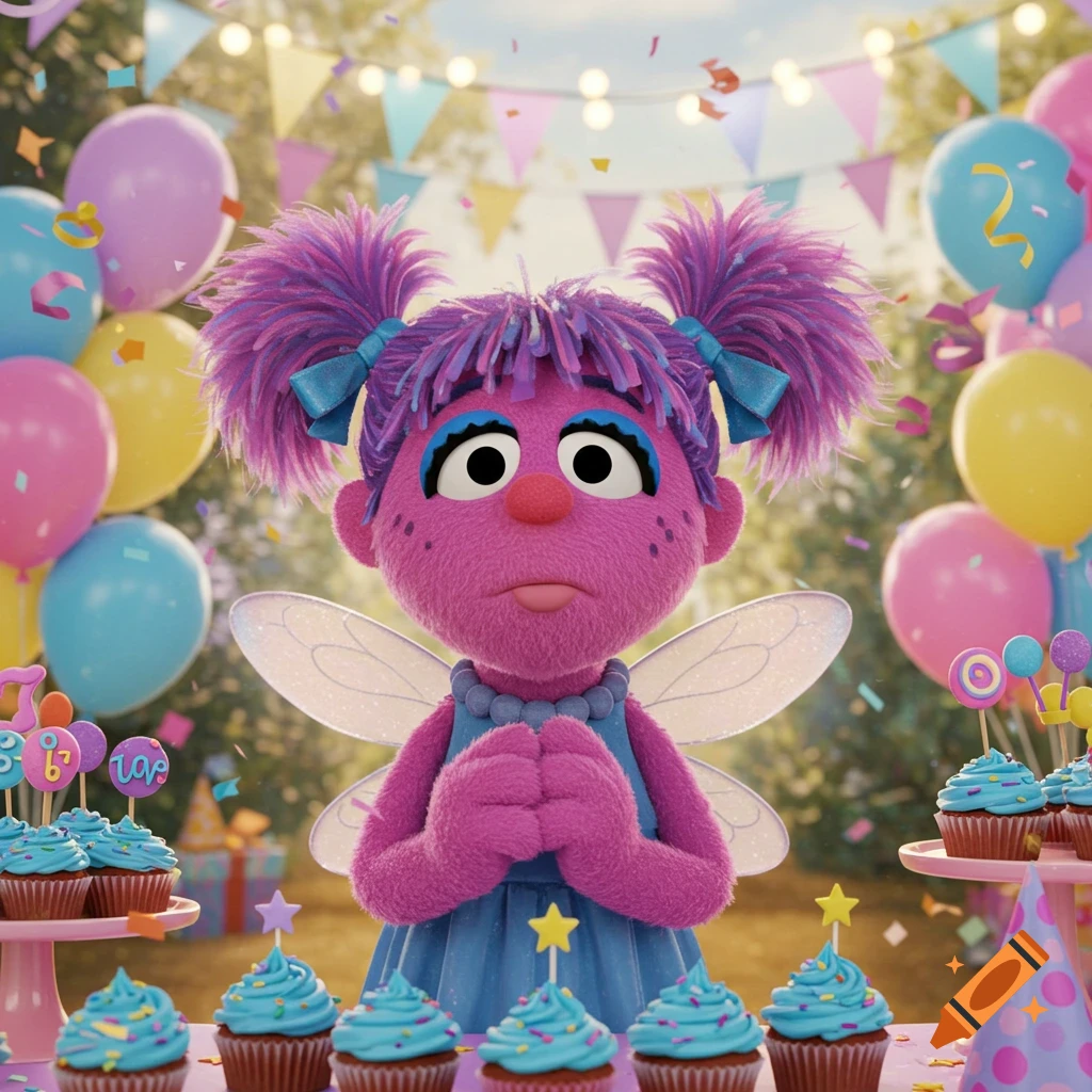Abby Cadabby, a pink furry puppet with pigtails and fairy wings, stands ...