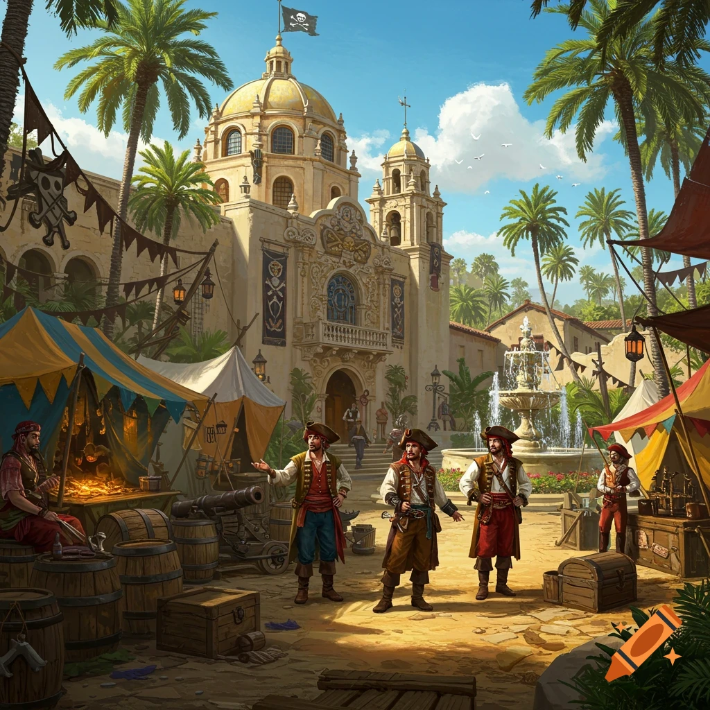 A bustling pirate market scene in a tropical setting with palm trees, a ...