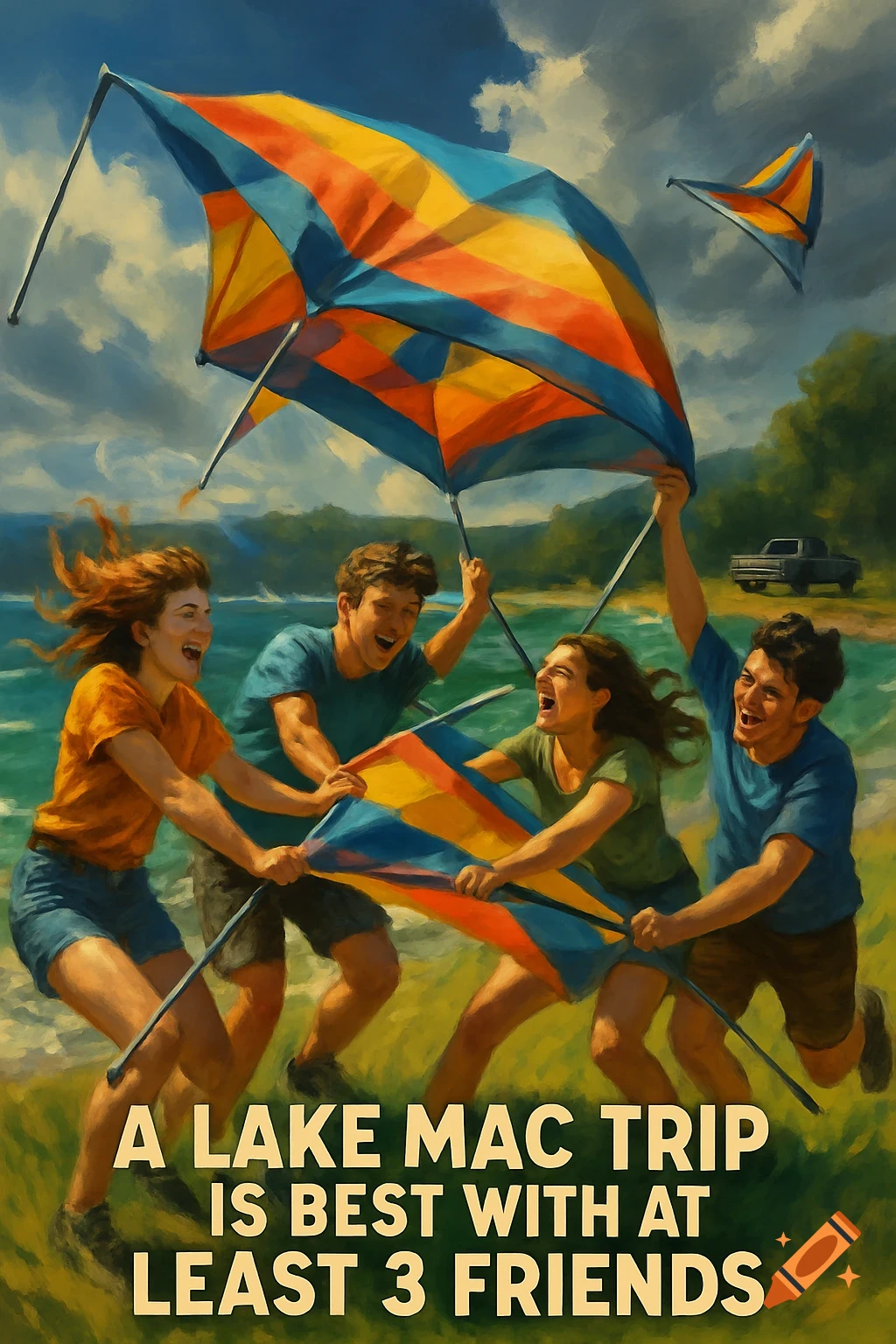 Four friends laughing and struggling to hold onto a large colorful ...