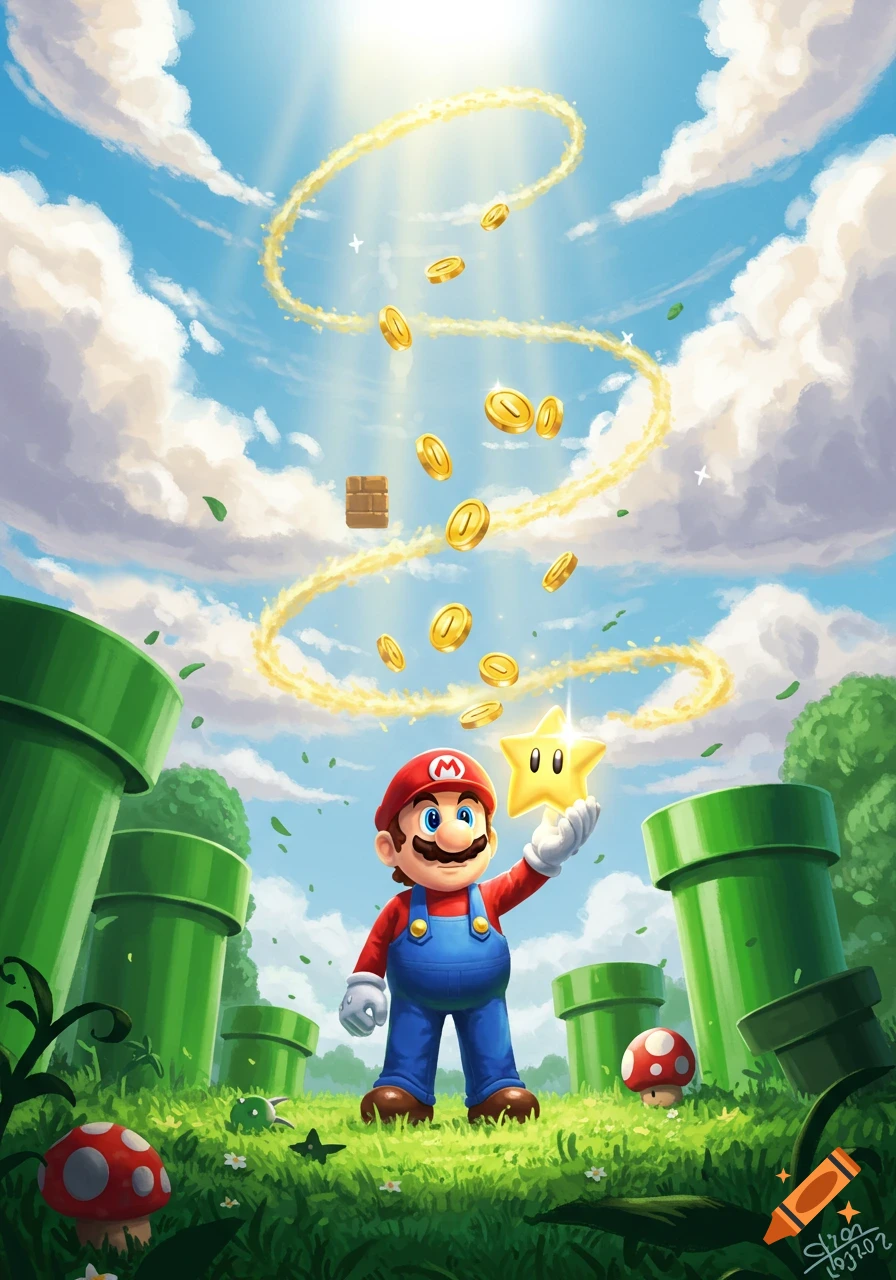 Super Mario smiles, holding two large money bags, surrounded by a ...