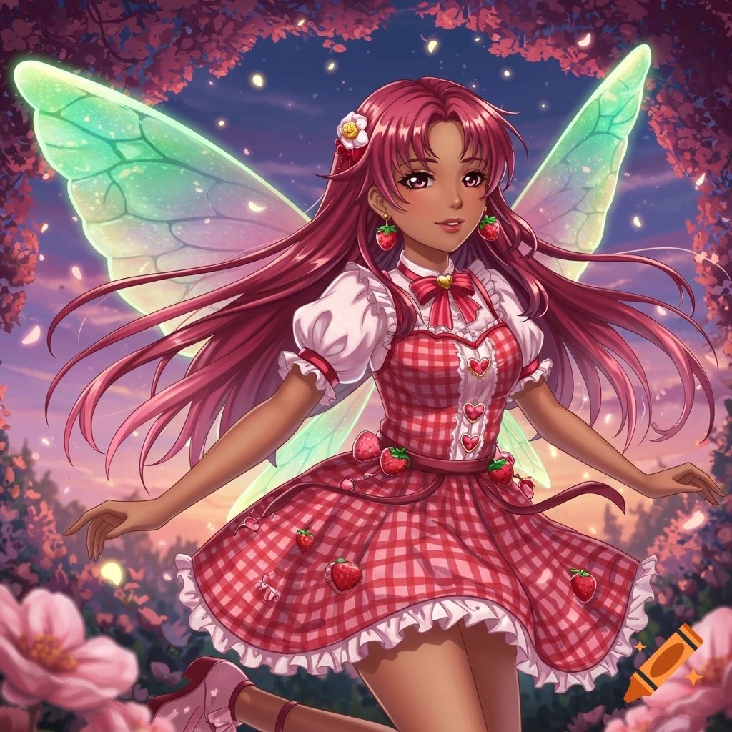 An anime magical girl fairy with long burgundy hair, glowing wings ...