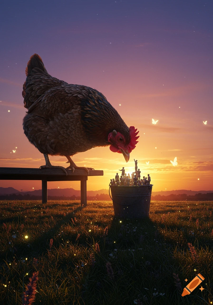 A fluffy yellow chick stands in bright green grass with dandelions, a blurred brown chicken in ...