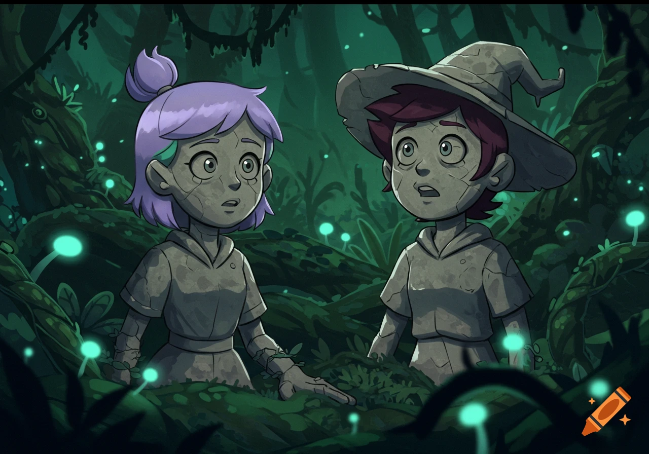 Luz and Amity from The Owl House as stone statues with surprised ...