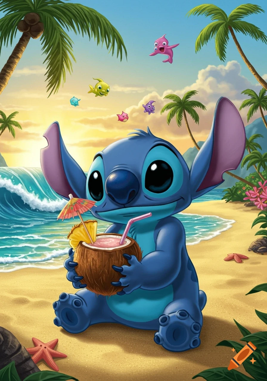 Watercolor illustration of Stitch crocheting on a cloud surrounded by ...