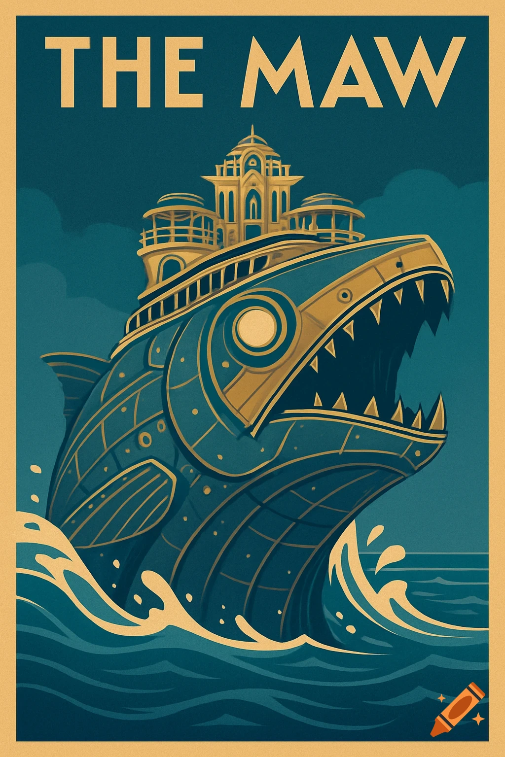Vintage poster of a fish-shaped ship with a building on its back ...