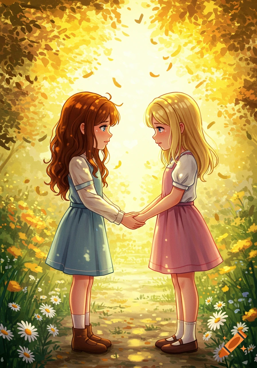 Two happy cartoon girls swinging under a pink cherry blossom tree, holding hands as petals fall ...