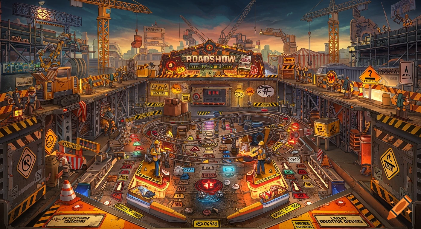 Detailed cartoon illustration of a construction-themed pinball machine ...