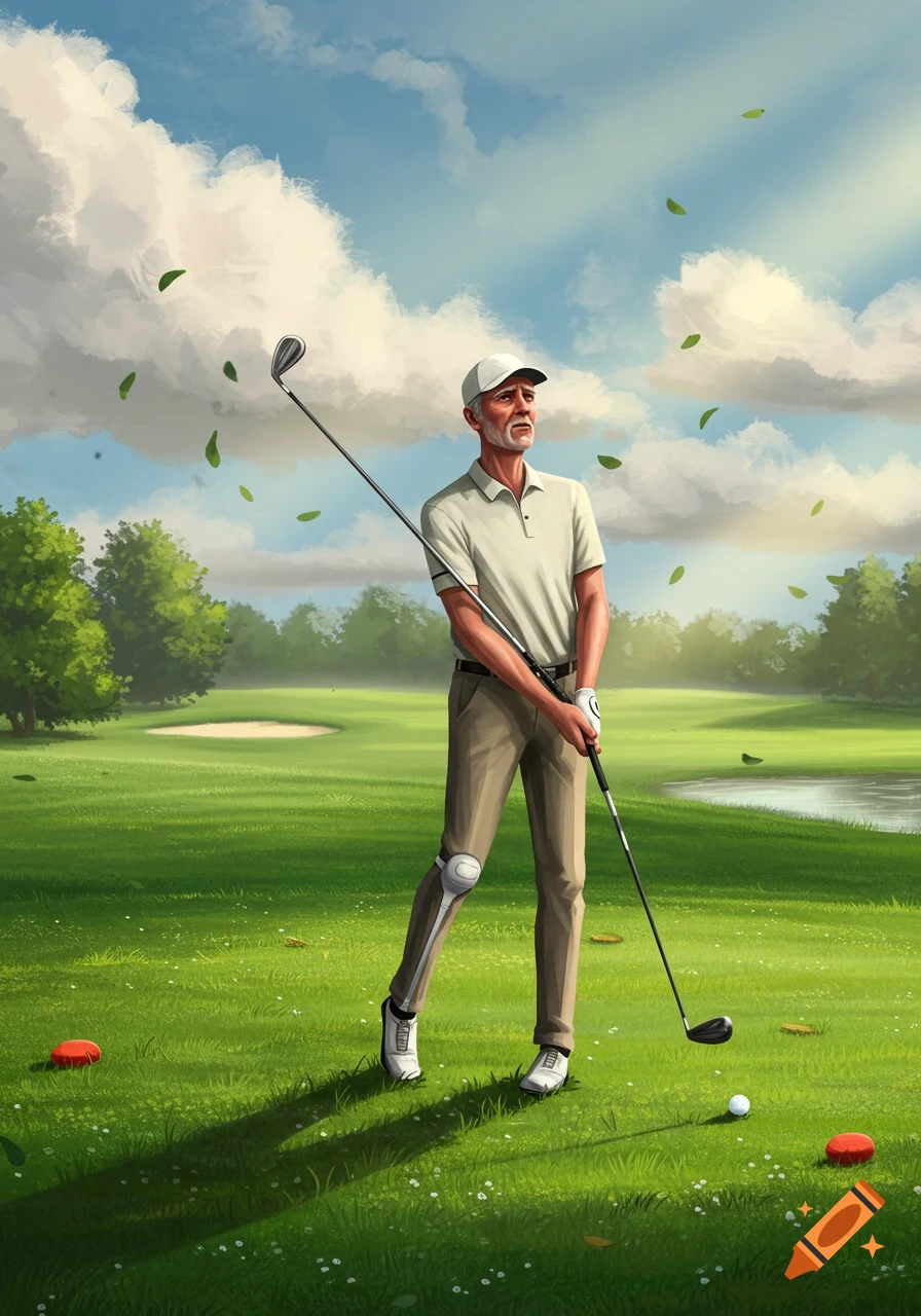 An old man in vintage golf attire swings a club on a sunny green golf ...