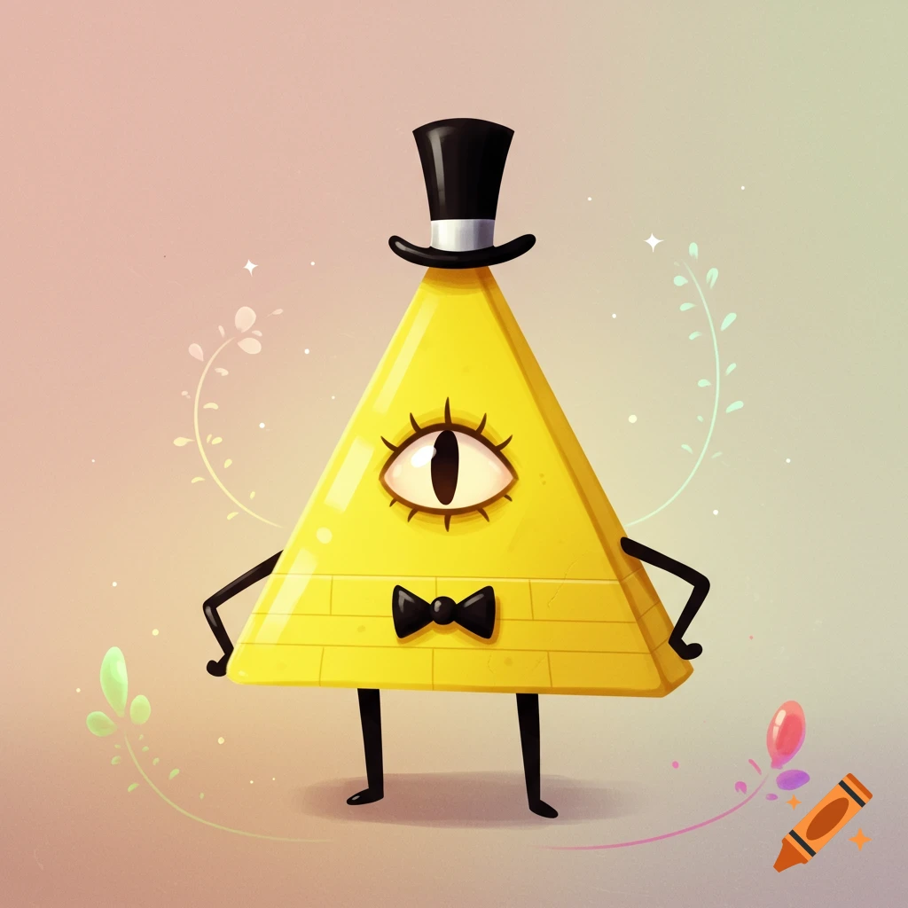 A vibrant yellow triangle character with one eye, a top hat, a bow tie ...