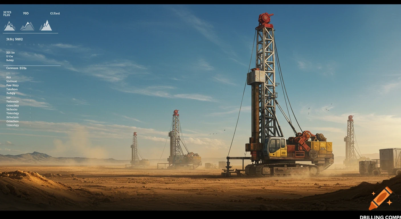 Several large industrial drilling rigs stand in a dusty desert ...