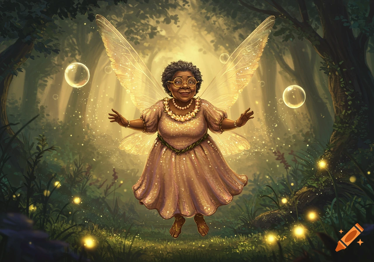 An older Black woman with golden fairy wings and glasses floats in an ...