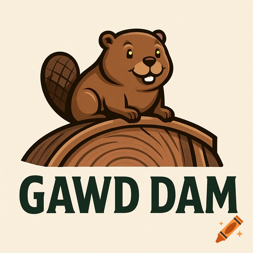 Cartoon beaver logo on a log with the text "GAWD DAM" below. on Craiyon
