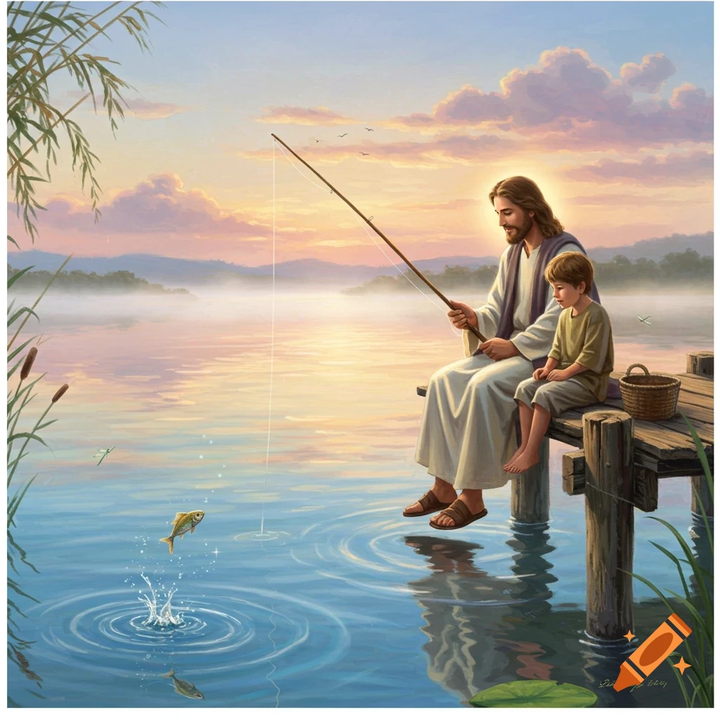 Jesus and a boy sit on a dock at sunset, fishing in a misty lake, with ...