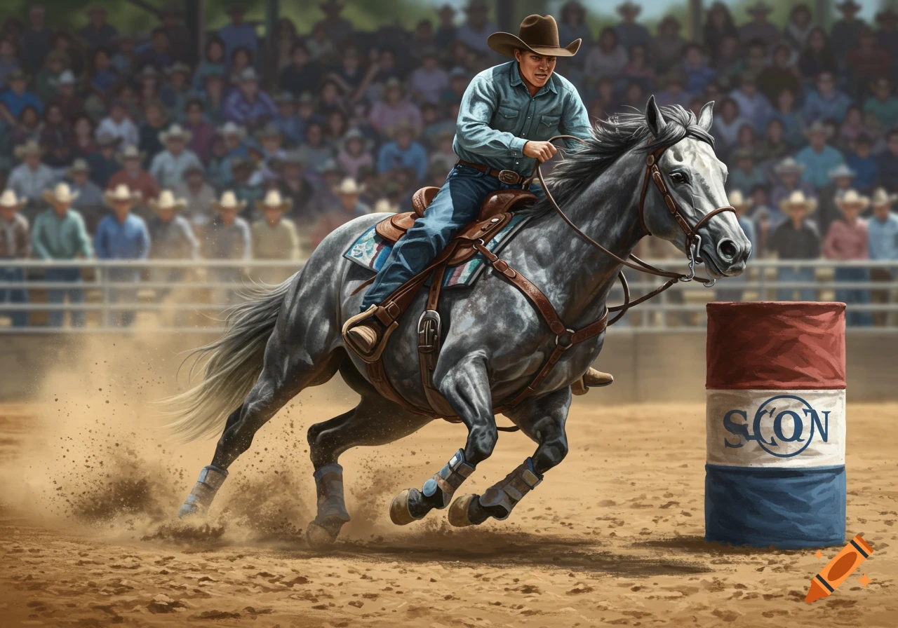A cowboy on a brown horse gallops in a dusty rodeo arena, holding a ...