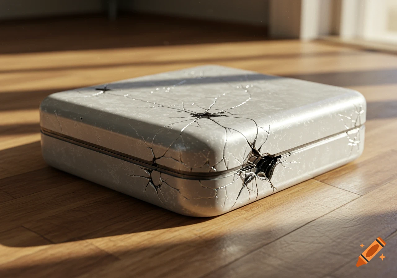 A damaged, light-colored square case with cracks and a broken corner ...