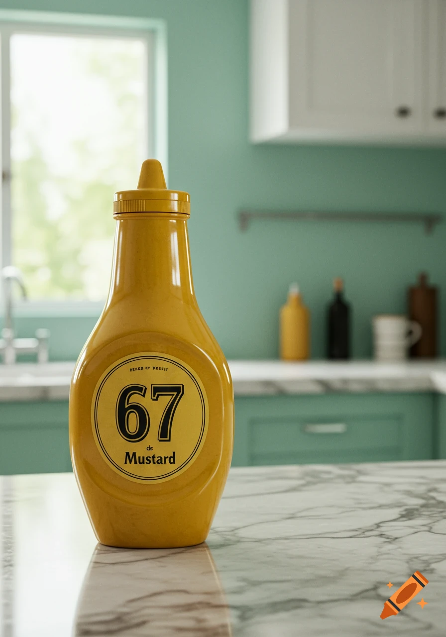 A close-up, photorealistic shot of a bright yellow mustard bottle with ...