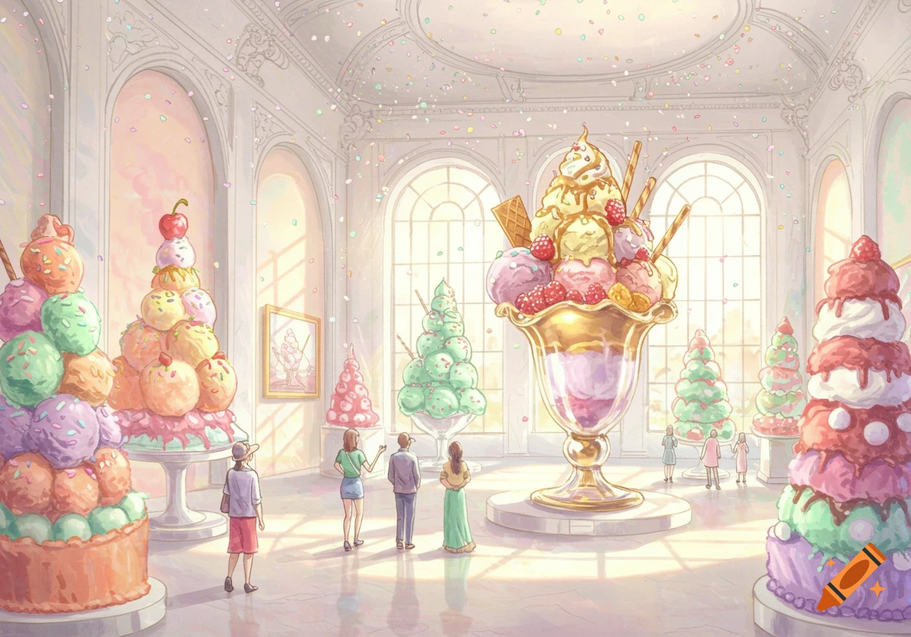 Illustrated whimsical art gallery with large, colorful ice cream ...