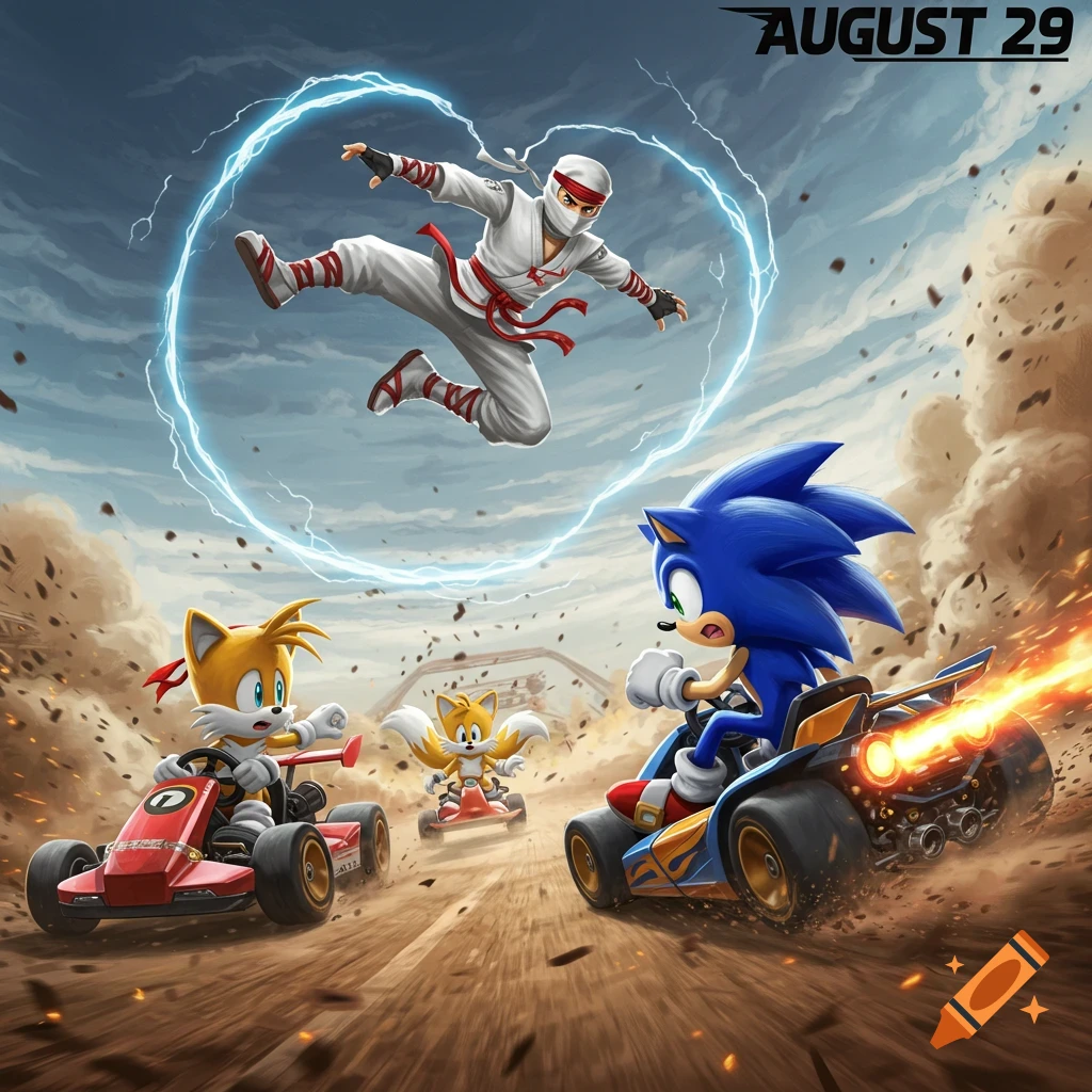 A ninja jumps with a lightning ring while Sonic and Tails race in karts ...