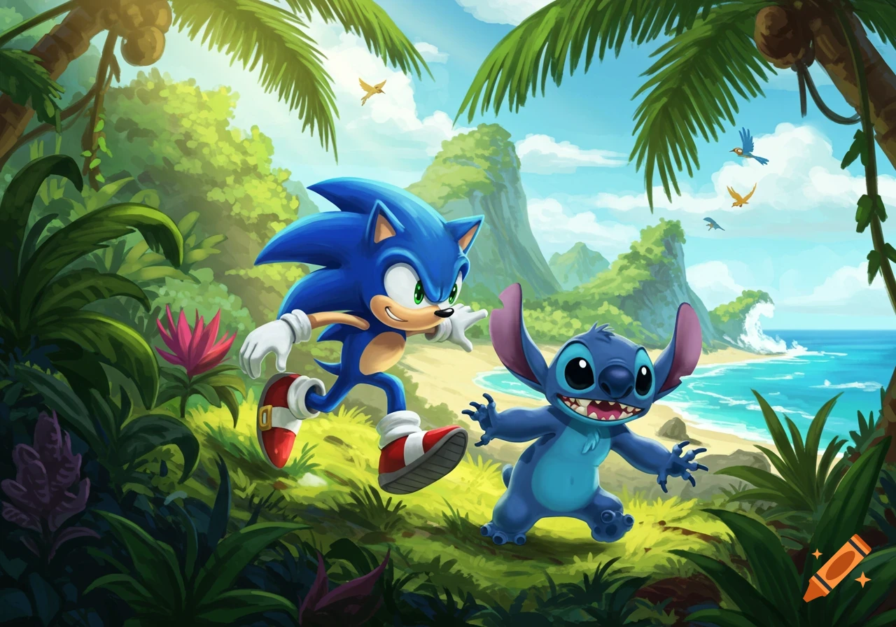 Sonic the Hedgehog and Stitch run through a vibrant tropical jungle ...