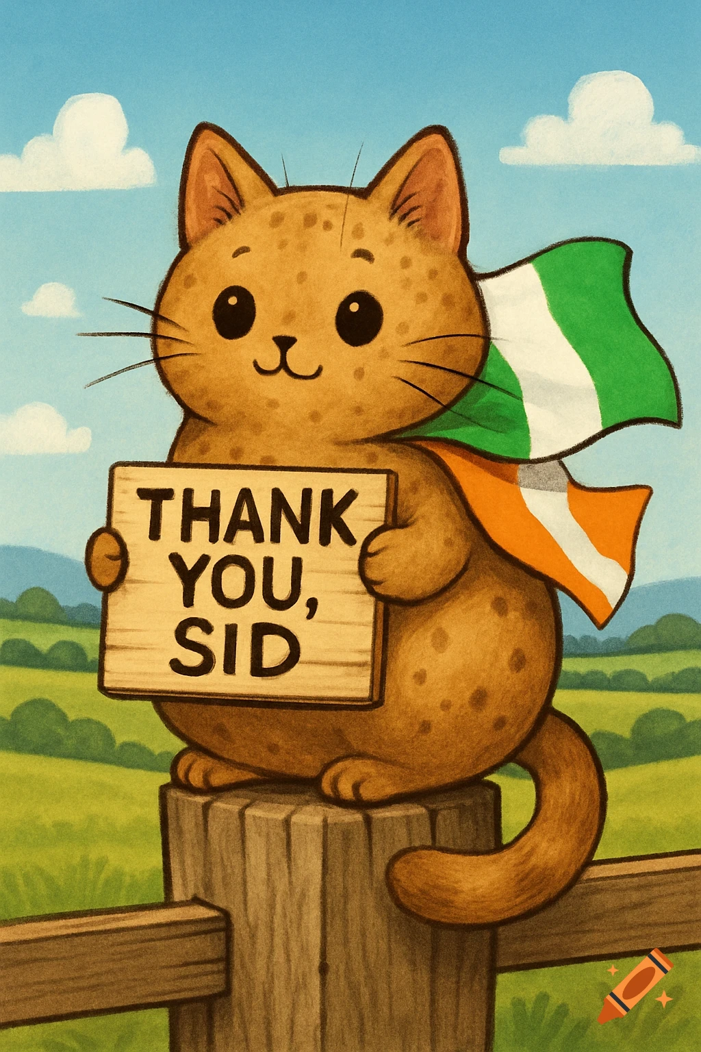 A cute, chubby, speckled cartoon cat wearing an Irish flag as a cape ...