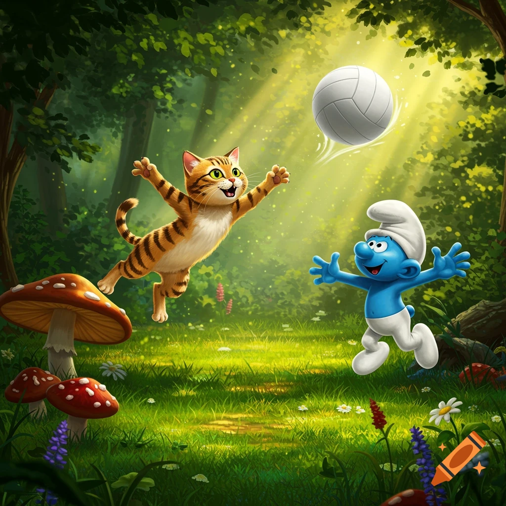 A vibrant cartoon image of a ginger cat jumping to hit a volleyball ...