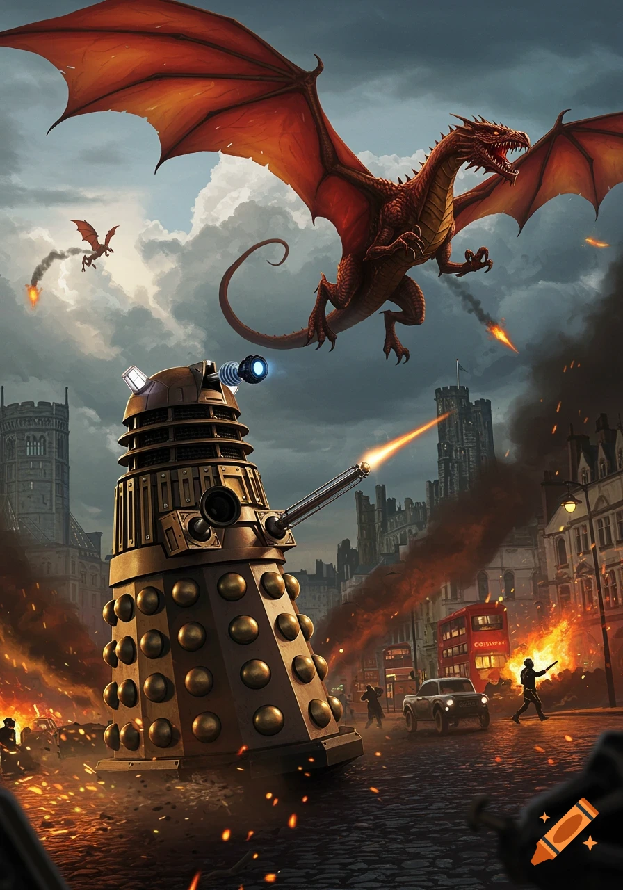 A Dalek battles a red dragon over a burning city, with crumbling ...