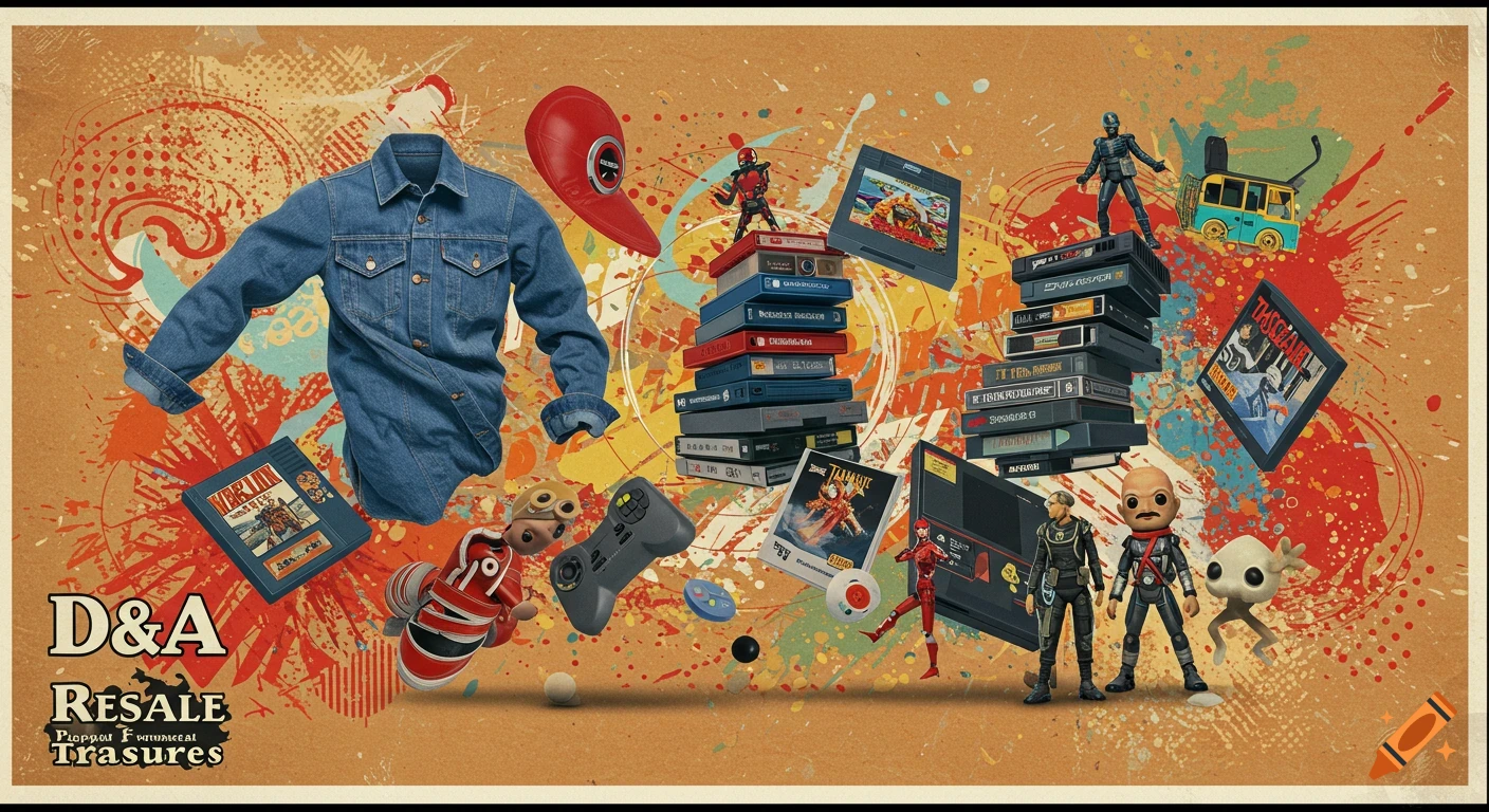 A vintage-style collage banner advertising 'D&A Resale' with a denim ...