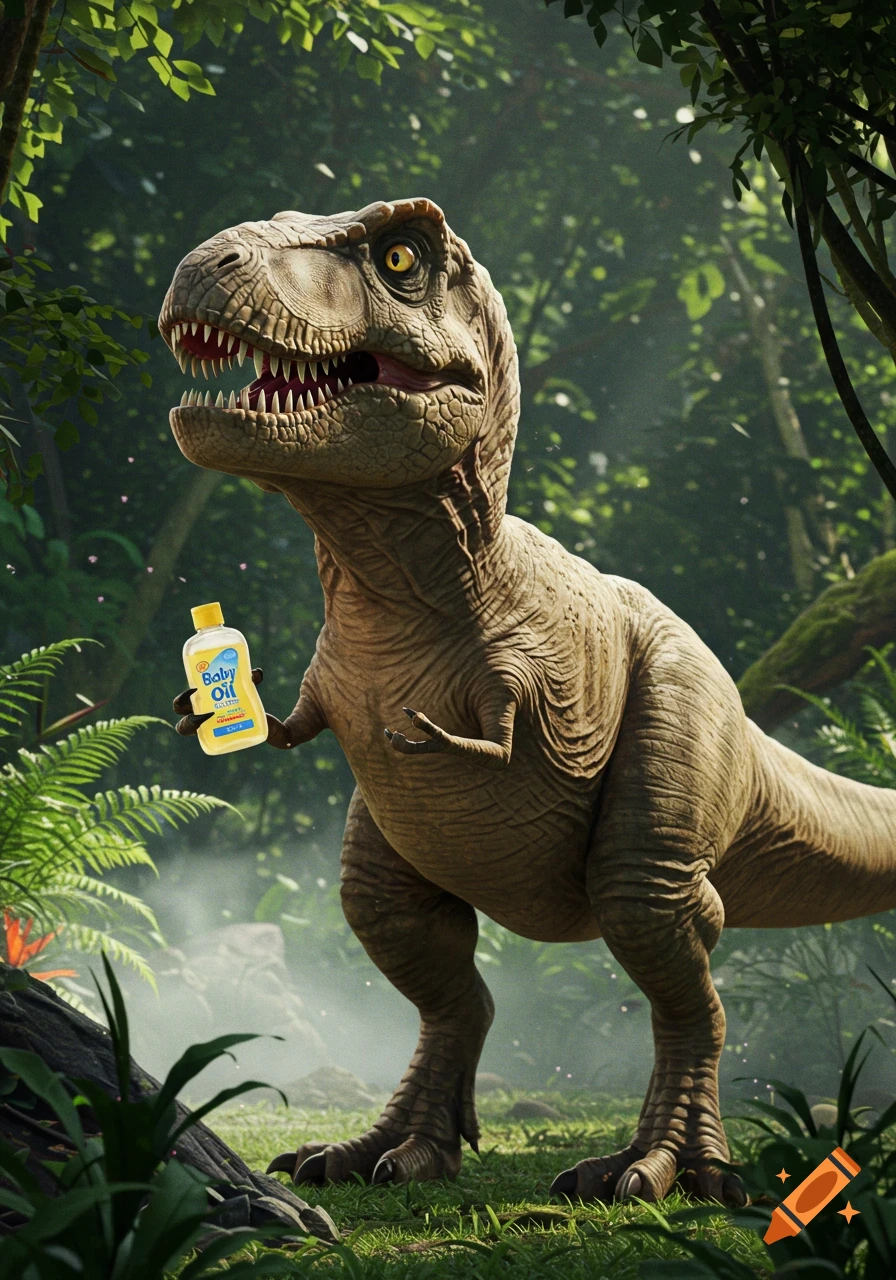 A photorealistic T-Rex stands in a lush jungle, comically holding a ...