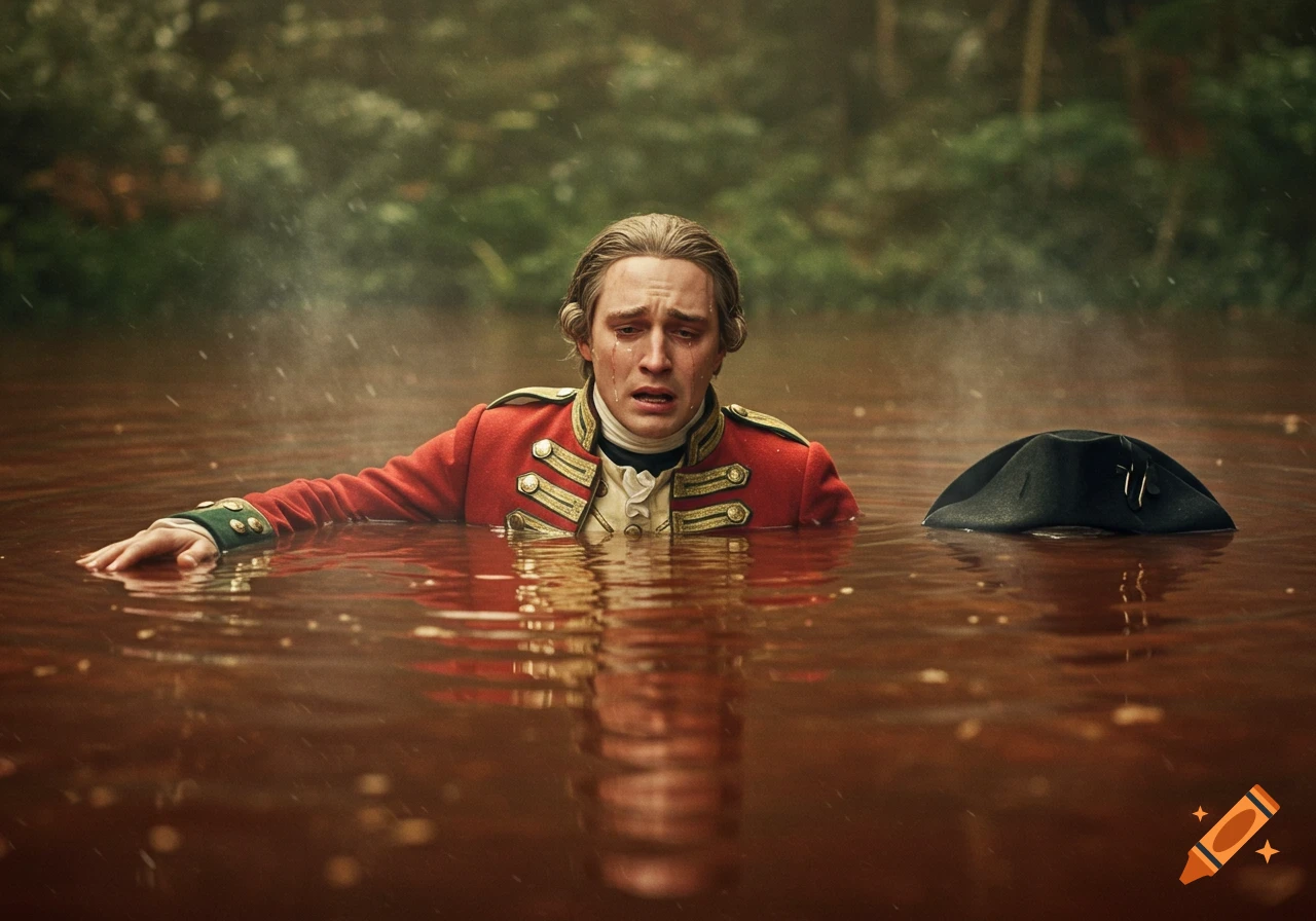 A man in a red British redcoat uniform cries, waist-deep in reddish ...
