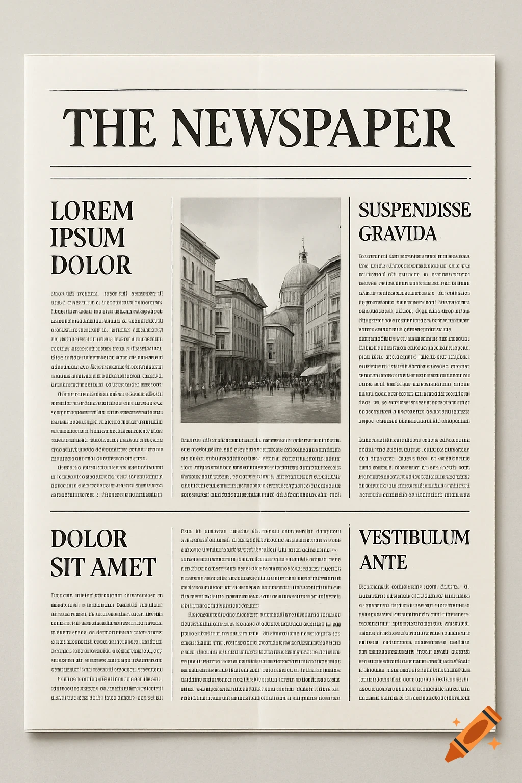 A black and white newspaper page template with headlines and ...